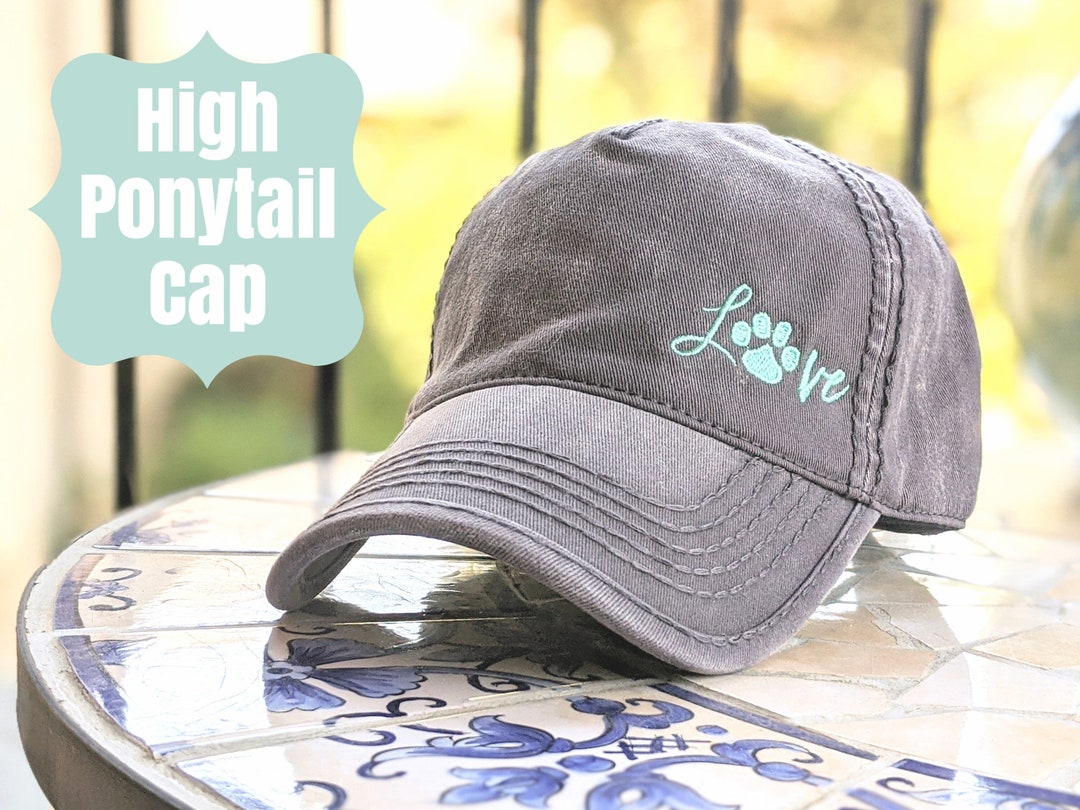 Embroidered Dog Paw Print High Ponytail Cap: "love" Design, Messy Bun ...