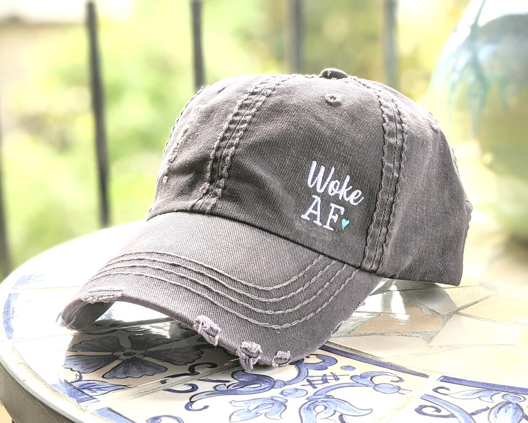 Woke AF Embroidered Distressed Baseball Cap Women's Hat, Optional Heart ...