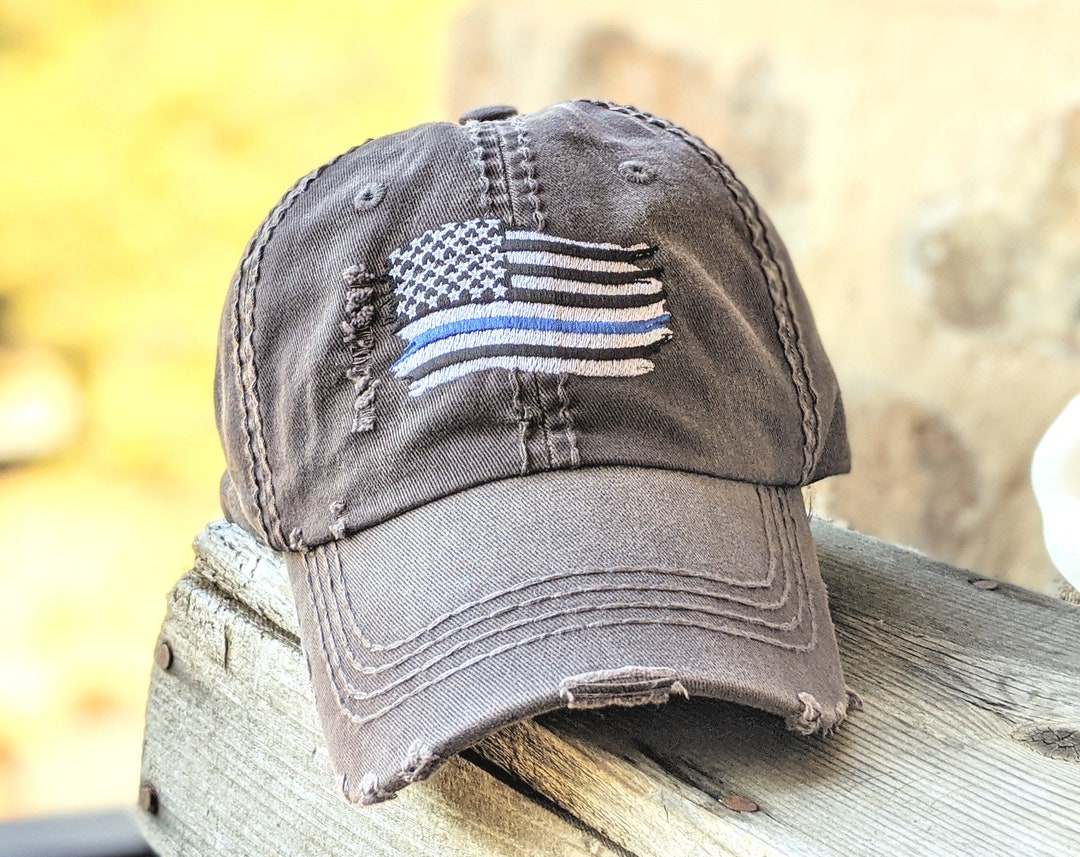 Embroidered Thin Blue Line Flag Hat or Custom Color: Red Gold More ...