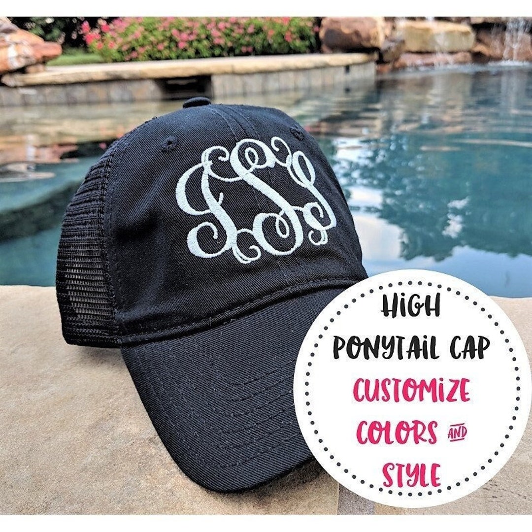 Monogrammed Messy Bun Cap, High Ponytail Mesh Hat, Personalized Initial ...