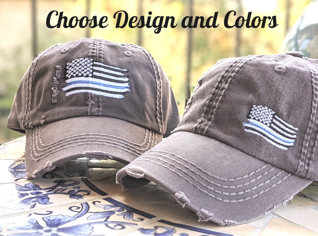 Embroidered Thin Line Flag Cap Hat- Blue Red Gold More, Choose Design ...