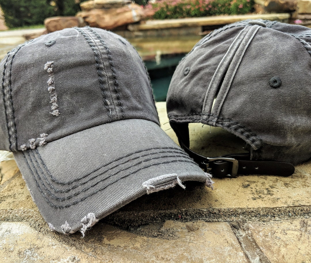 Dark Grey Distressed Blank Ponytail Cap, High Ponytail Cap Hat, Messy ...