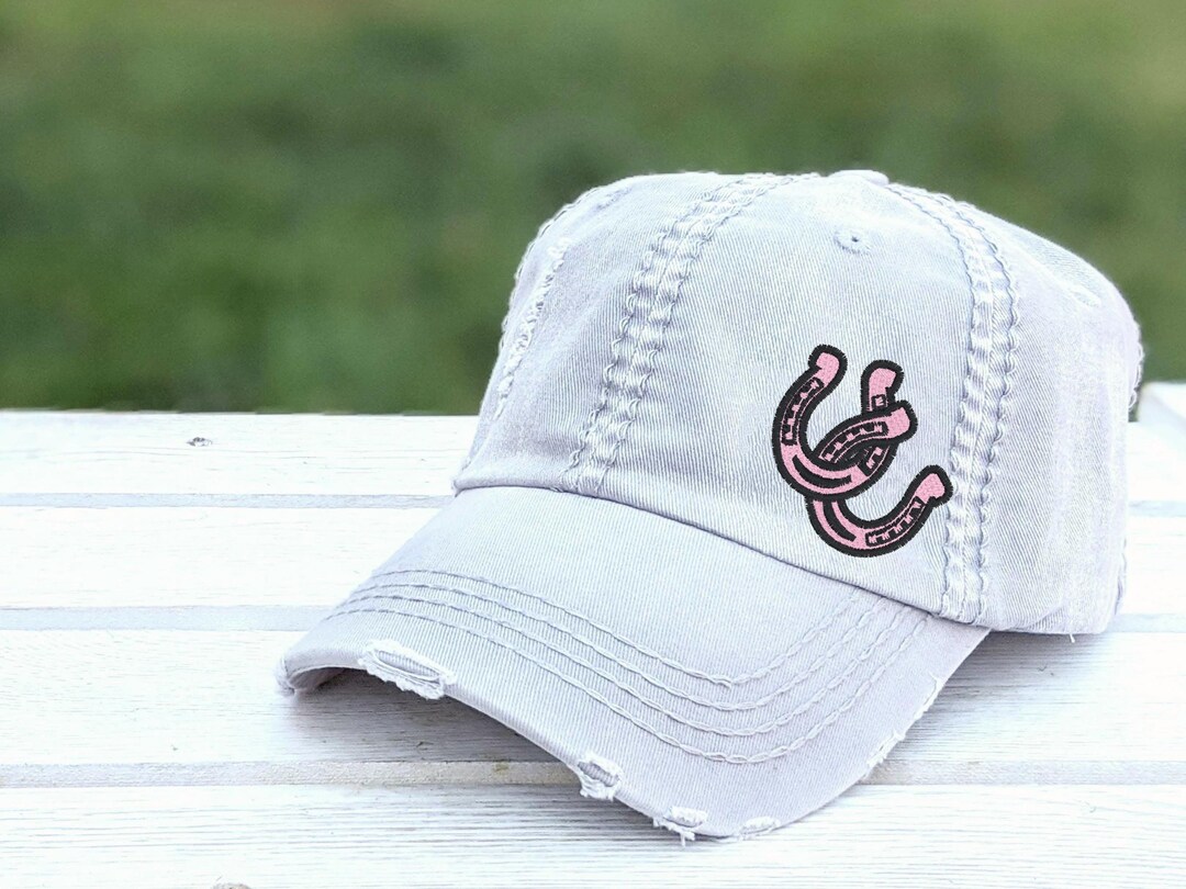 Embroidered Two Horseshoes Baseball Cap: Women's Distressed Cotton ...