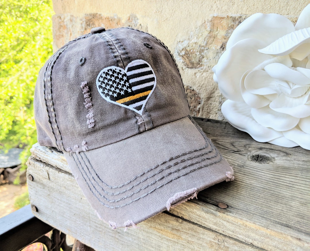 Women's Thin Gold Line Hat: 911 Dispatcher Embroidered Heart Flag ...