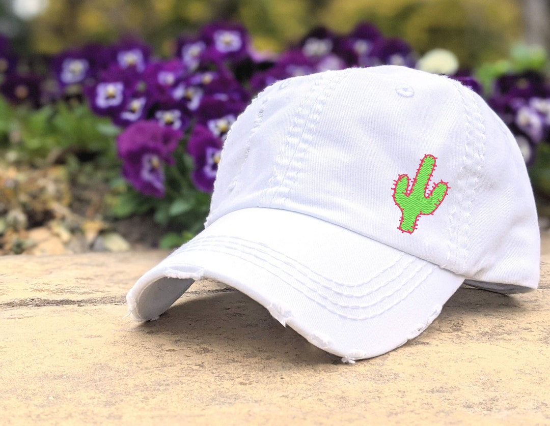 Embroidered Cactus Baseball Cap: Women's Distressed Cotton Hat, Small ...