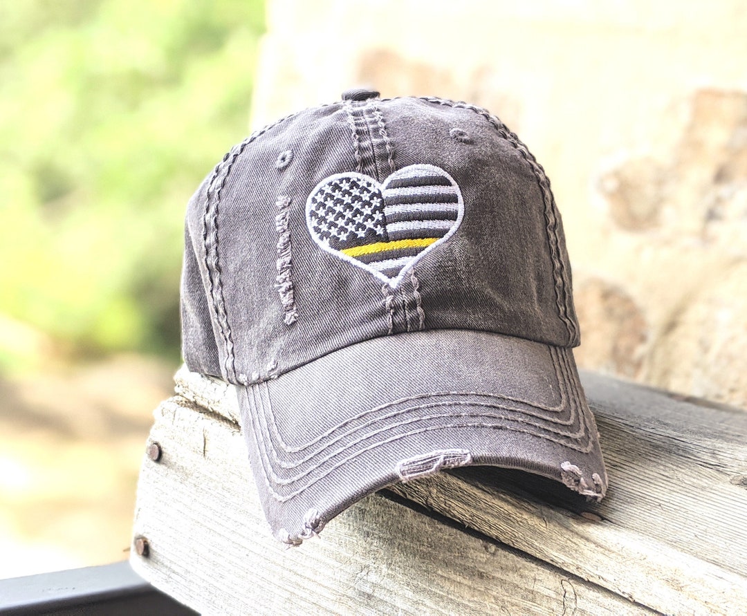 Embroidered Thin Yellow Line Heart Hat: Distressed Women's Baseball Cap ...
