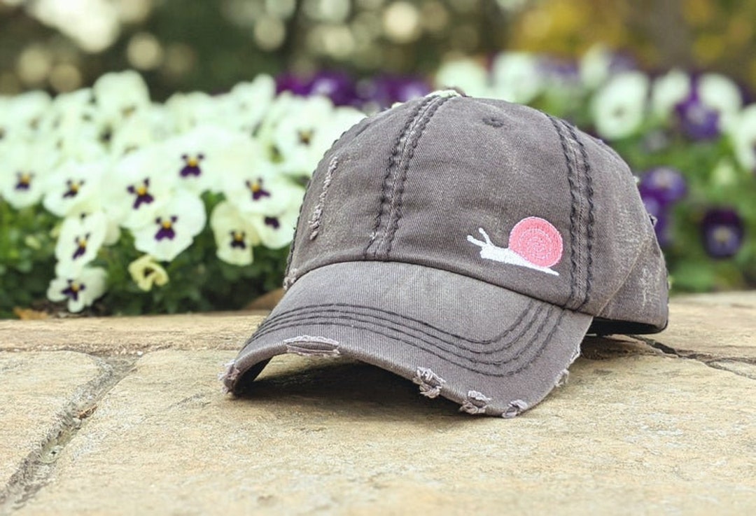 Women's Embroidered Snail Baseball Cap: Distressed Cotton Hat, Small ...