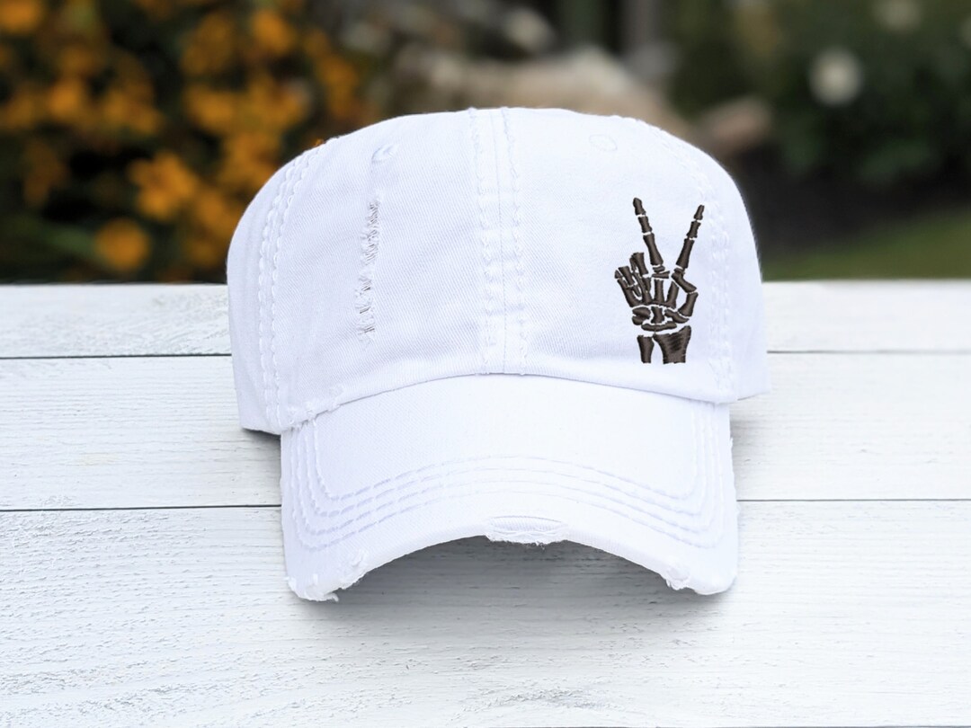 Embroidered Skeleton Hand Peace Sign Hat: Distressed Cotton Baseball ...