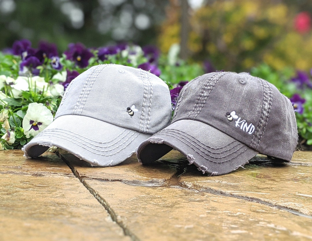 Embroidered Bee or Kind Baseball Cap: Women's Distressed Cotton Hat ...