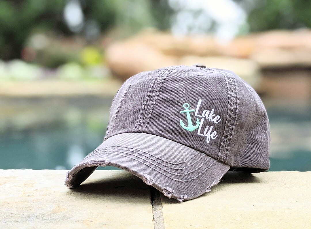 Embroidered Lake Life Anchor Hat: Women's Distressed Baseball Cap ...