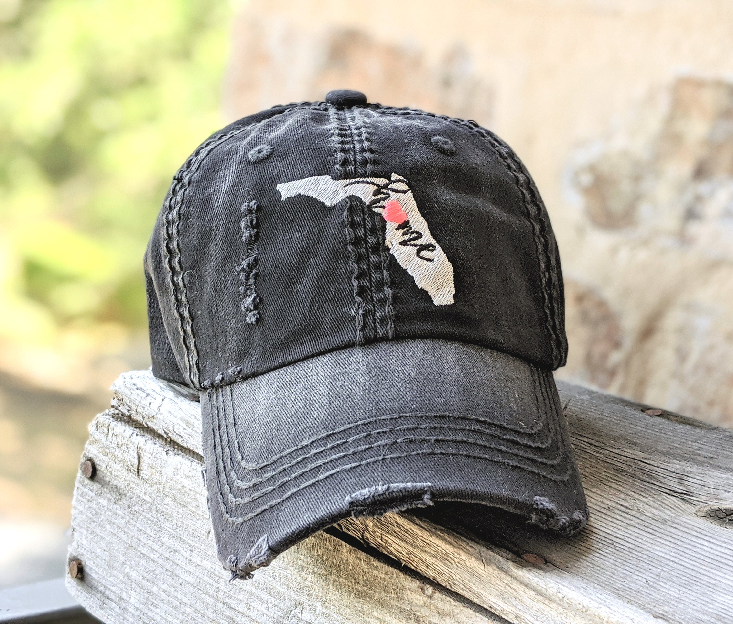 Embroidered Florida Home Baseball Cap Hat, Distressed FL Shape Outline ...