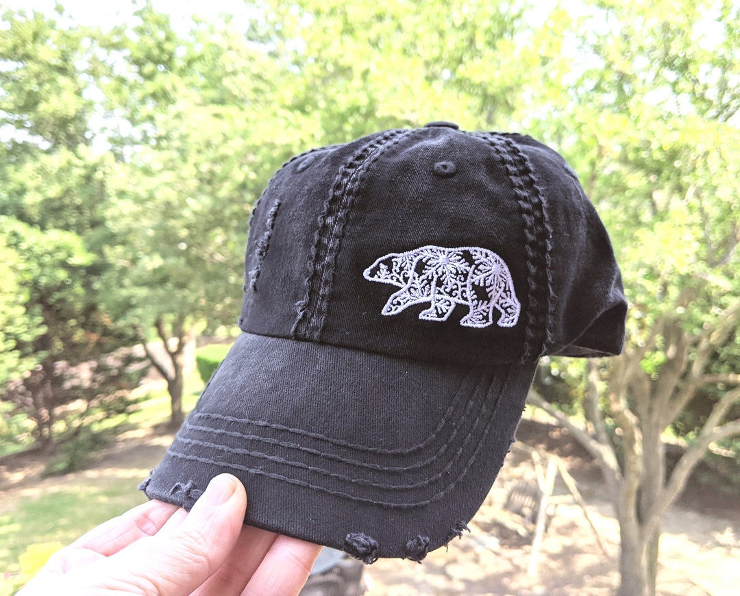 Embroidered Polar Bear Baseball Cap: Women's Distressed Cotton Hat ...