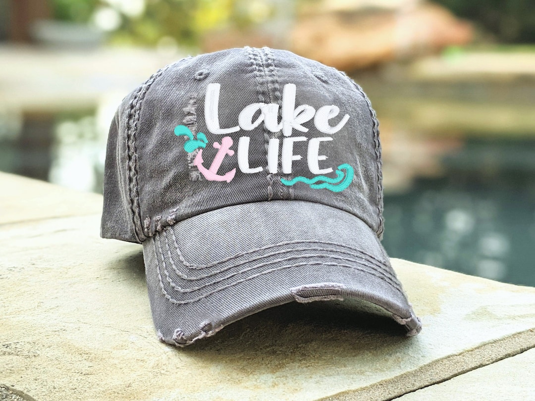 Lake Life Embroidered Baseball Cap: Women's Distressed Cotton Hat With ...
