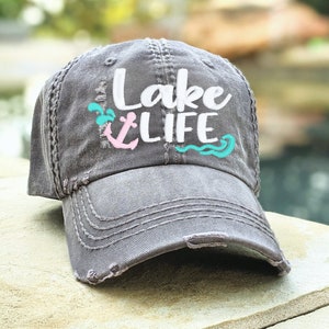 Lake Life Embroidered Baseball Cap: Women's Distressed Cotton Hat With ...