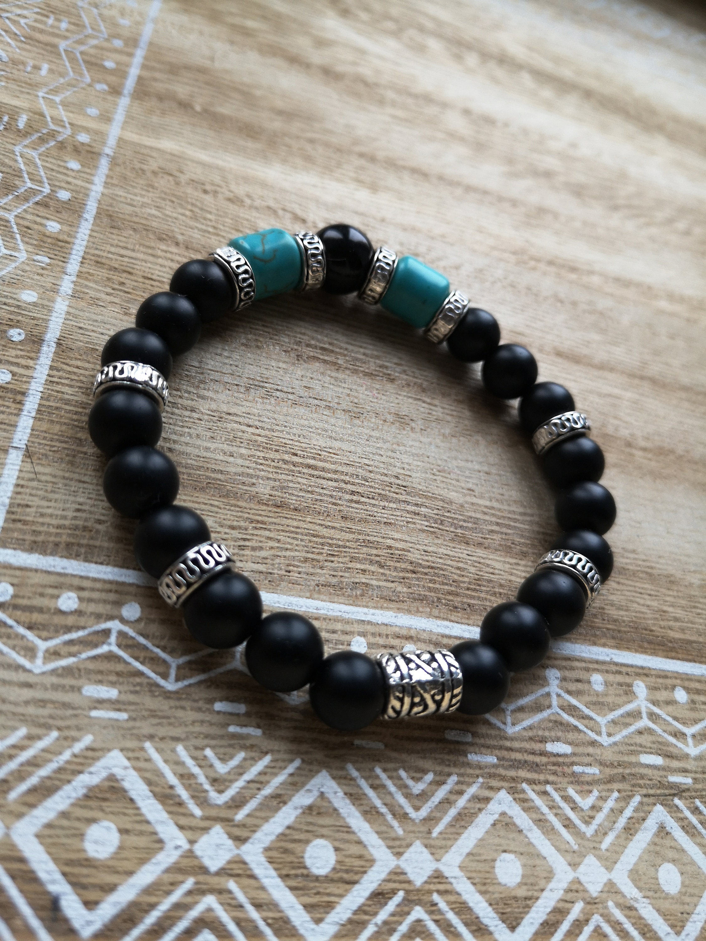 Bracelet homme élastique, noir, argent, turquoise, onyx mat, verre de ...