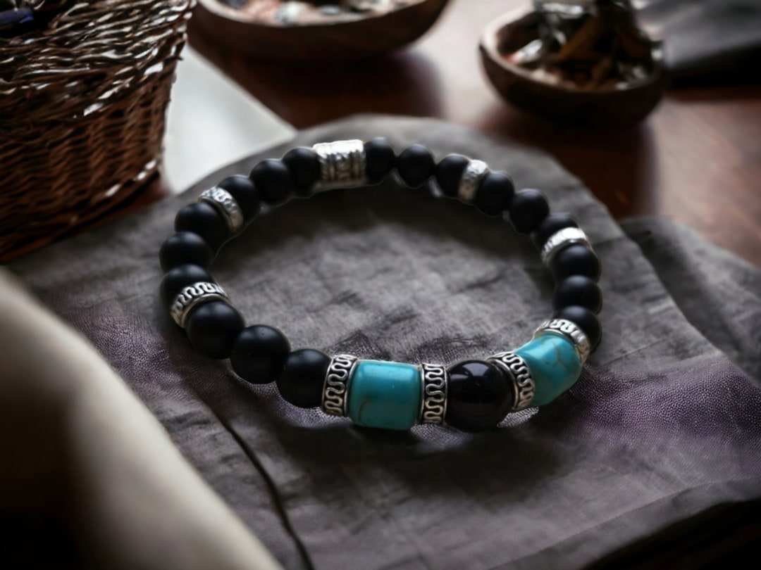 Bracelet homme élastique, noir, argent, turquoise, onyx mat, verre de ...