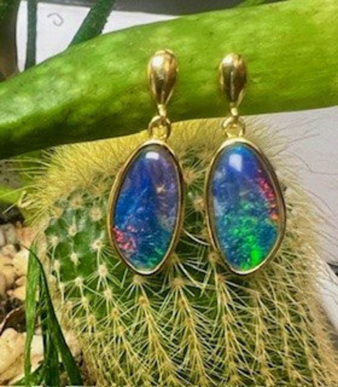 Large Design Natural Australian Opal Earrings Set in Sterling Silver ...