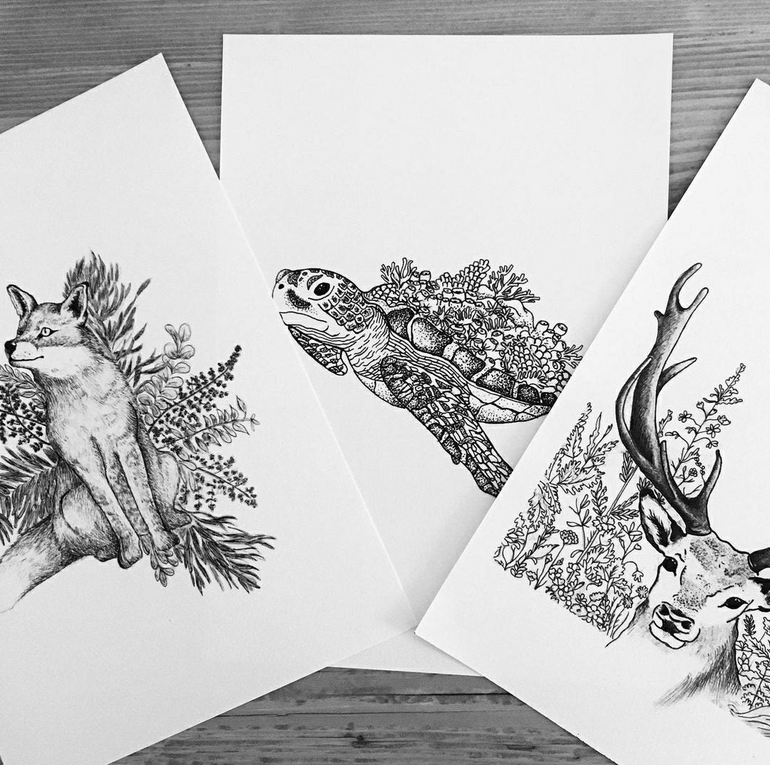 Stag / Flowers / Meadow / Nature / Black & White / Monochrome / Ink ...