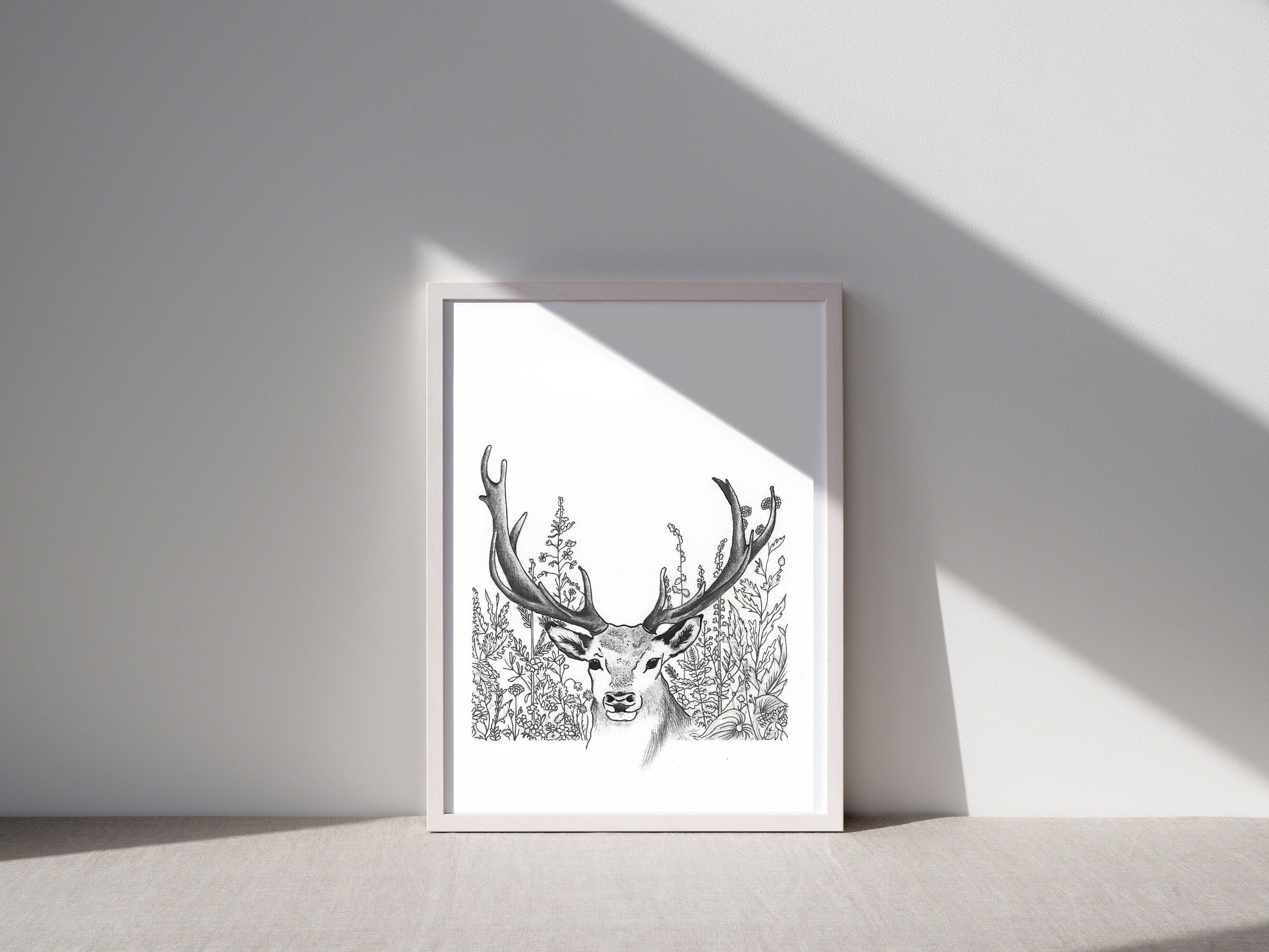 Stag / Flowers / Meadow / Nature / Black & White / Monochrome / Ink ...