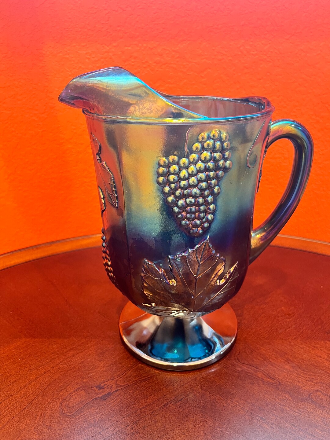 Blue Carnival Glass 64 Oz Pitcher in the Harvest Grape Pattern by ...