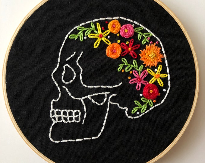 Embroidered Skull / Embroidery Hoop Art / Floral Embroidery / Skull ...