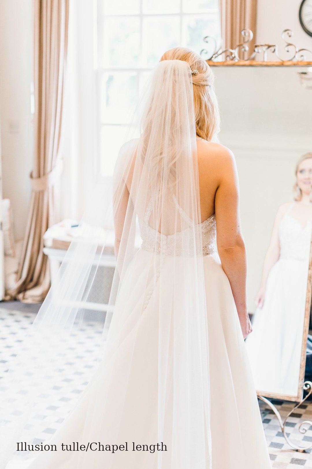 Long Plain Veil. Simple Tulle Wedding Veil in Light Ivory. Full Length ...
