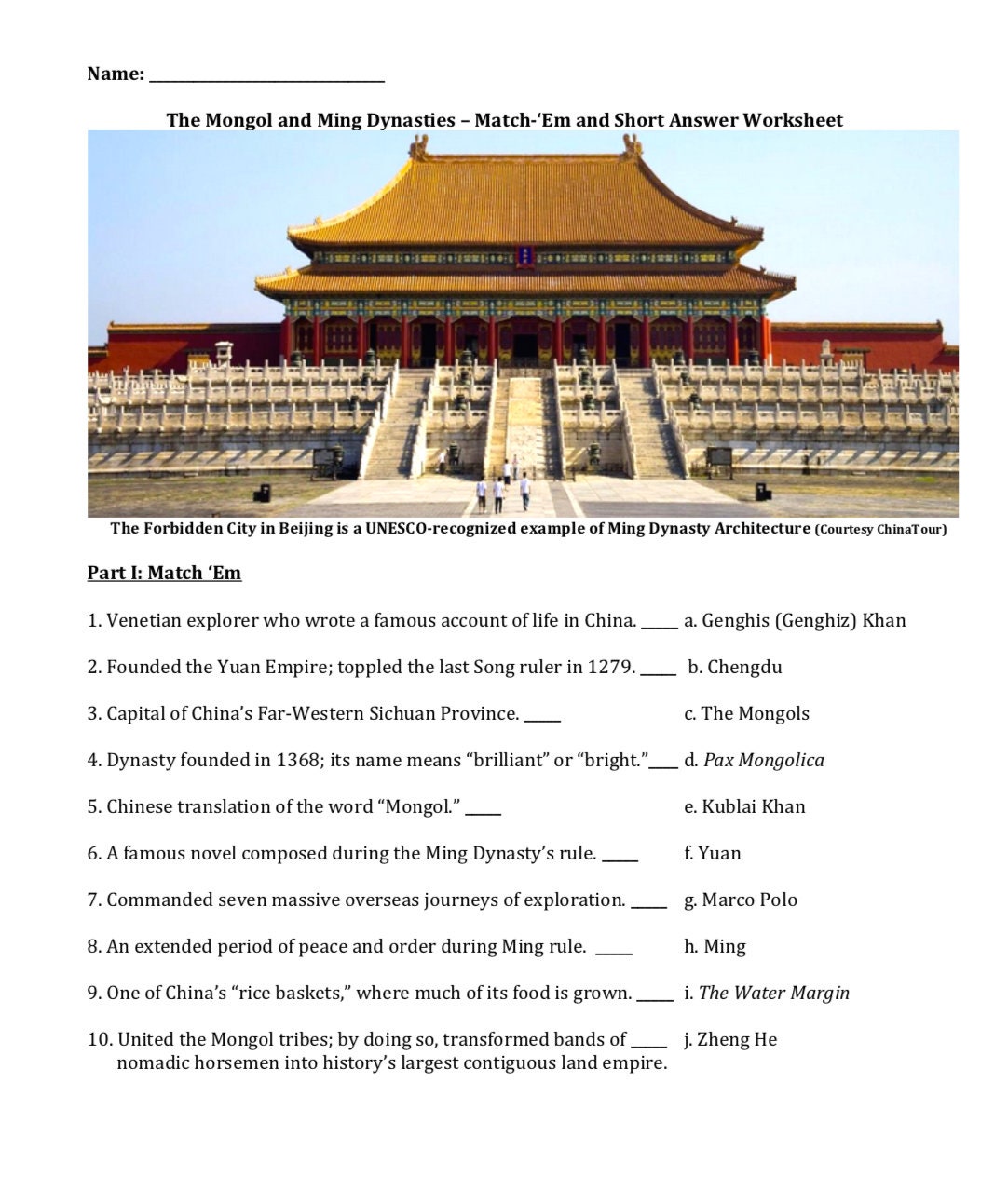 China: The Mongol & Ming Dynasties Two-Part Worksheet | Etsy