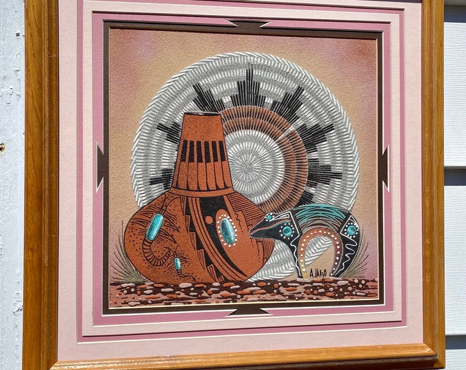 Signed Authentic Large Navajo Sand Painting Framed Healing Bear, Water ...