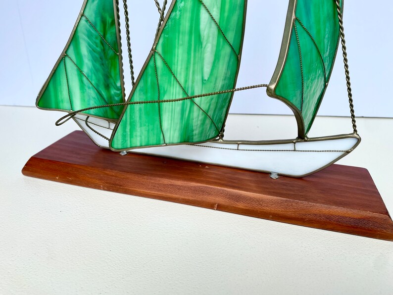 Vintage Stained Glass Sailing Ship Mounted on Wood Base. 12 1/2 Tall. Green Sailboat Red Flag ...