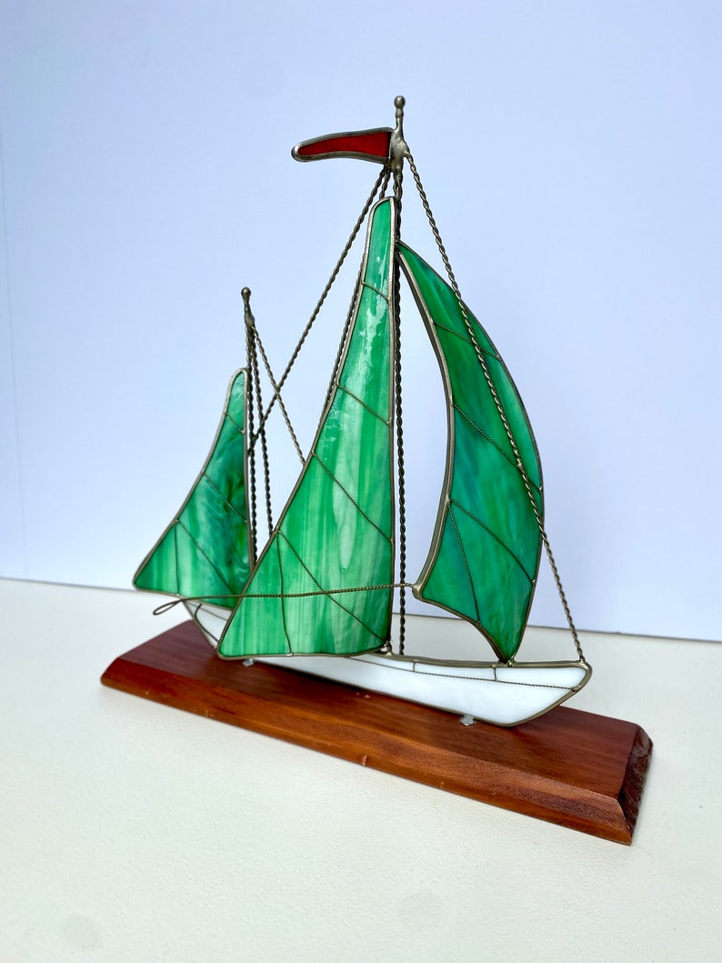 Vintage Stained Glass Sailing Ship Mounted on Wood Base. 12 1/2 Tall. Green Sailboat Red Flag ...