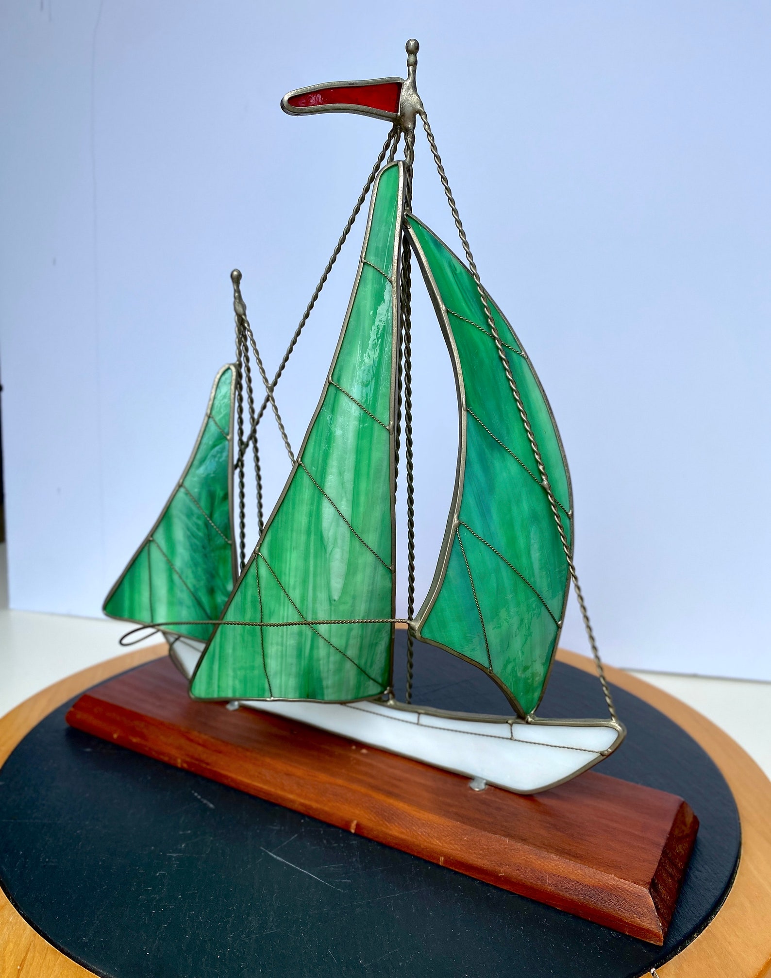 Vintage Stained Glass Sailing Ship Mounted on Wood Base. 12 1/2 Tall ...