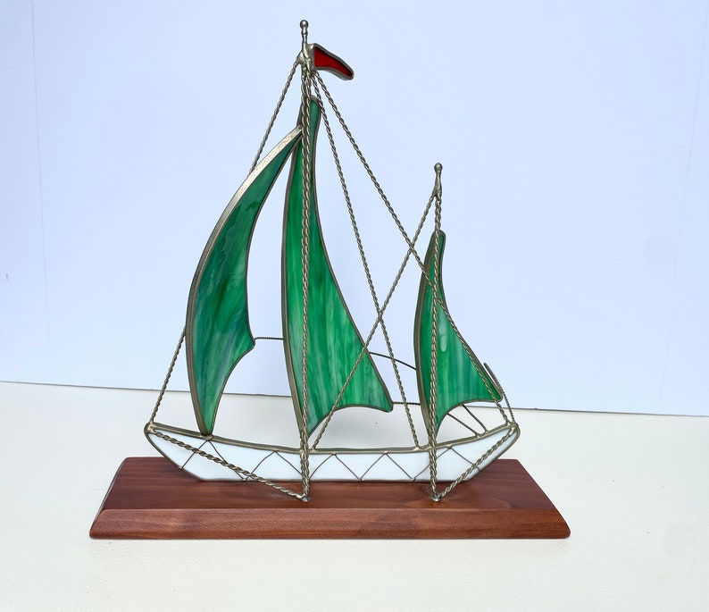 Vintage Stained Glass Sailing Ship Mounted on Wood Base. 12 1/2 Tall. Green Sailboat Red Flag ...