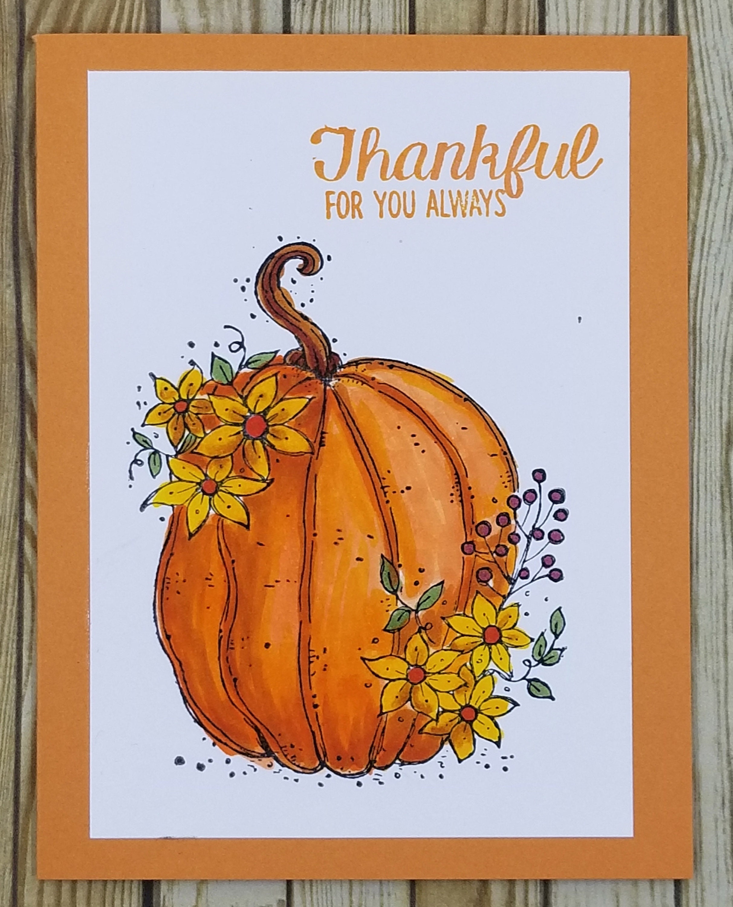 Thankful for You, Pumpkin Card, Fall, Handcolored Greeting Card, Hand ...