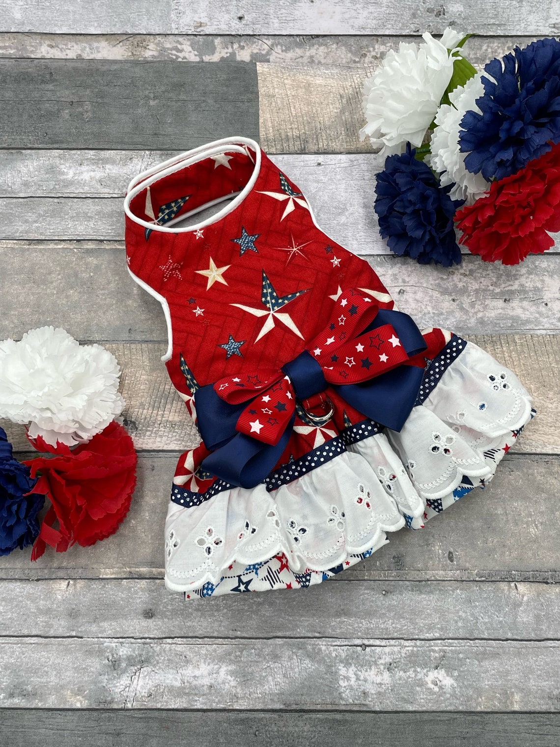 Fourth of July Pet Harness Dress, Red White Blue Star Dog Clothes - Etsy