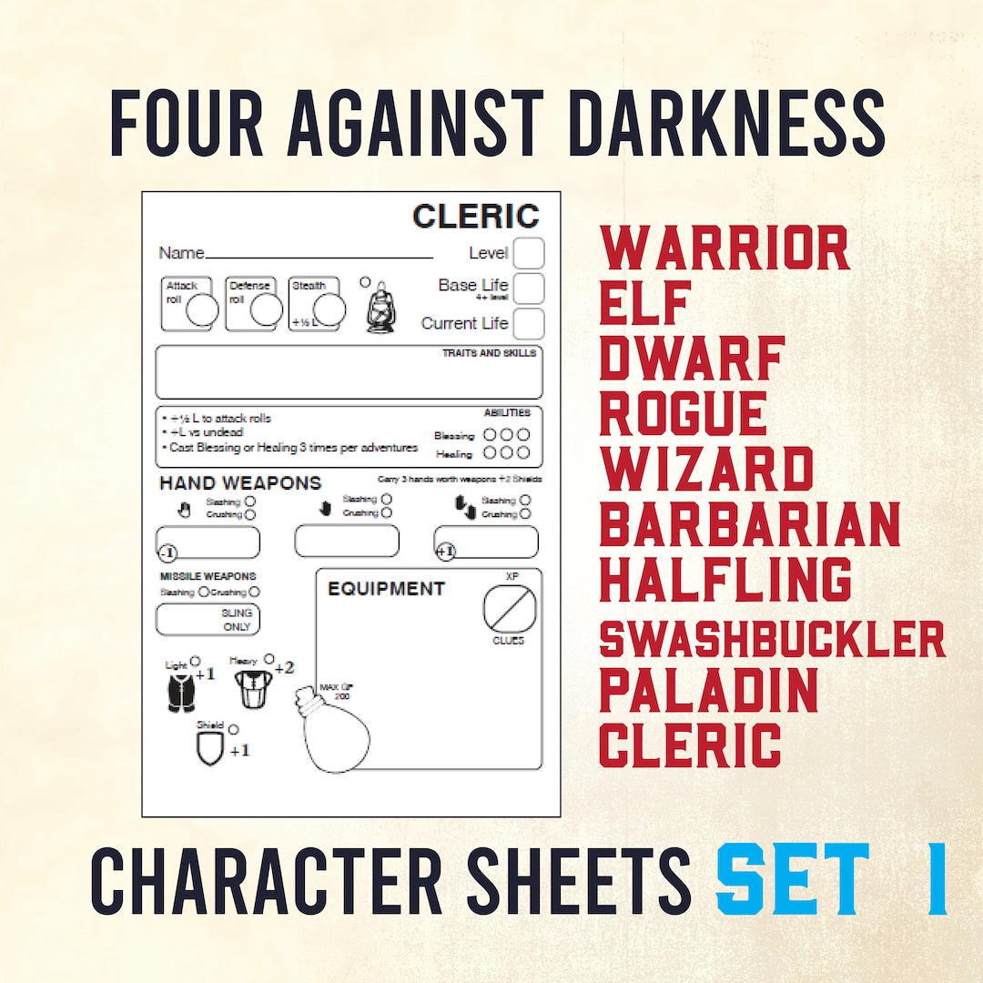 Four Against Darkness Character Sheets 2026 Set 1 ~ 4AD Game ...