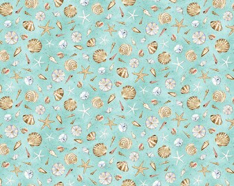 Blue Shells Fabric Watercolor Seashells by Olgersart Coastal Beach ...