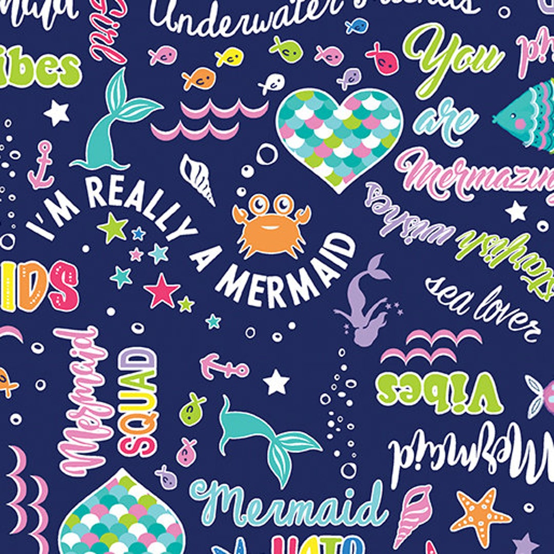 Mystical Mermaids - Words Navy by Benartex Fabrics // Quilting Cotton ...