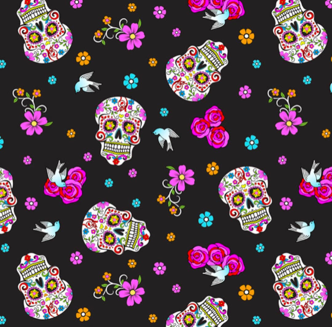 David Textiles Forkloric Skulls Black W/glitter Fabric // Quilting ...