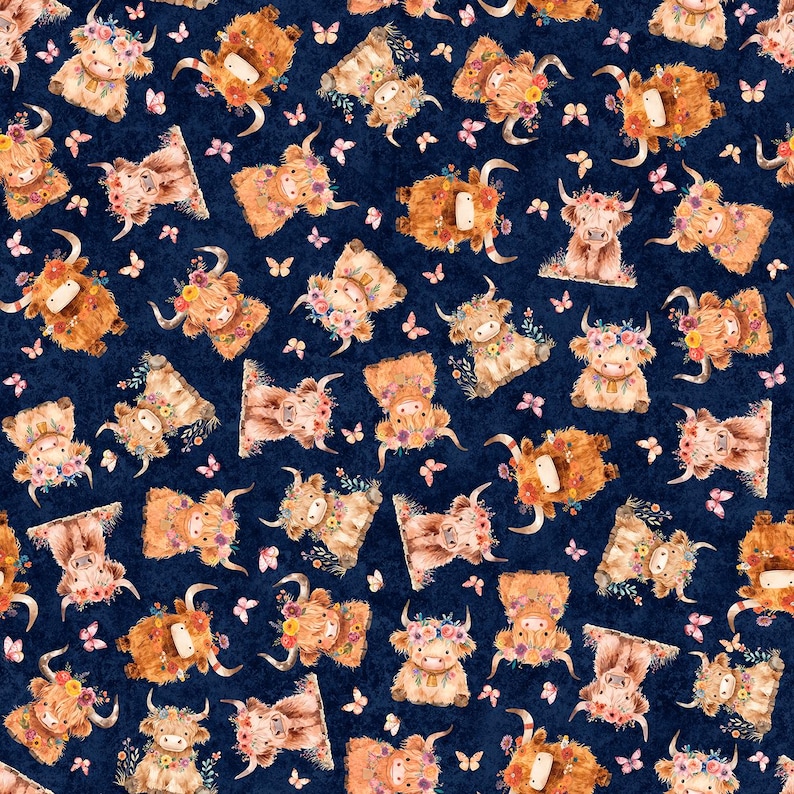 QT Cuties 2 Baby Highland Cows Navy by QT Fabrics // Quilting Fabric ...