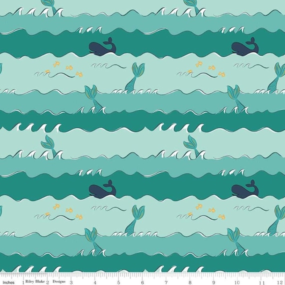 Riley Blake Ahoy Mermaids Oceans Seafoam Sparkle Fabric // | Etsy