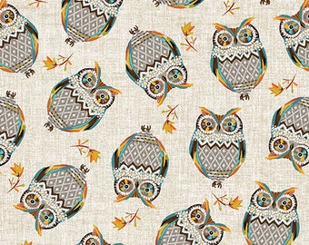 Barn Owl Fabric Wooden Wonderland Barn Owl Collage Large by Micklyn ...