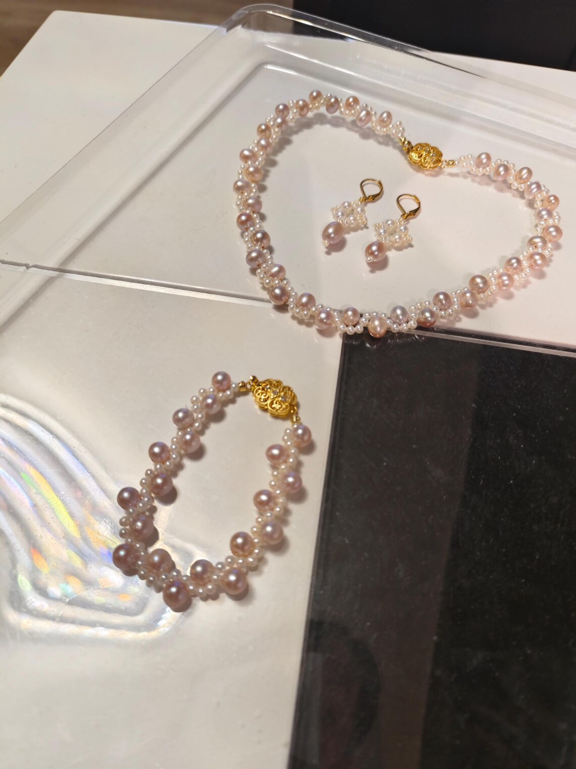 Hand Braided Freshwater Pink Pearl Necklace Bracelet Earrings Set ...
