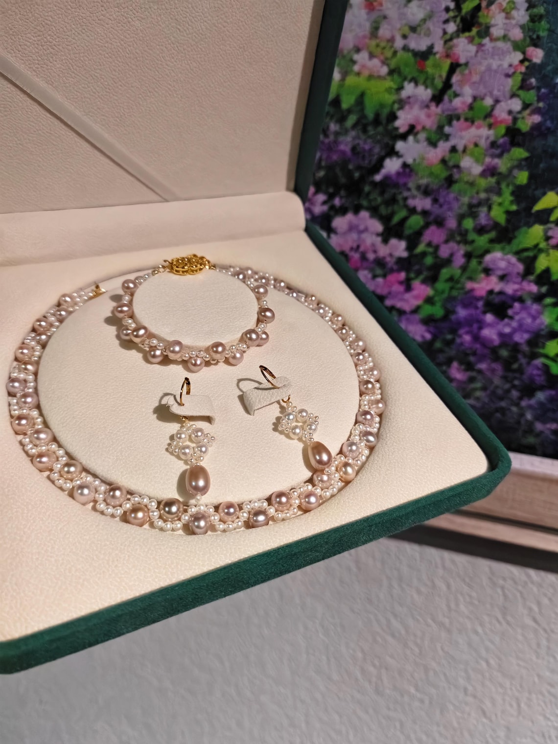 Hand Braided Freshwater Pink Pearl Necklace Bracelet Earrings Set ...