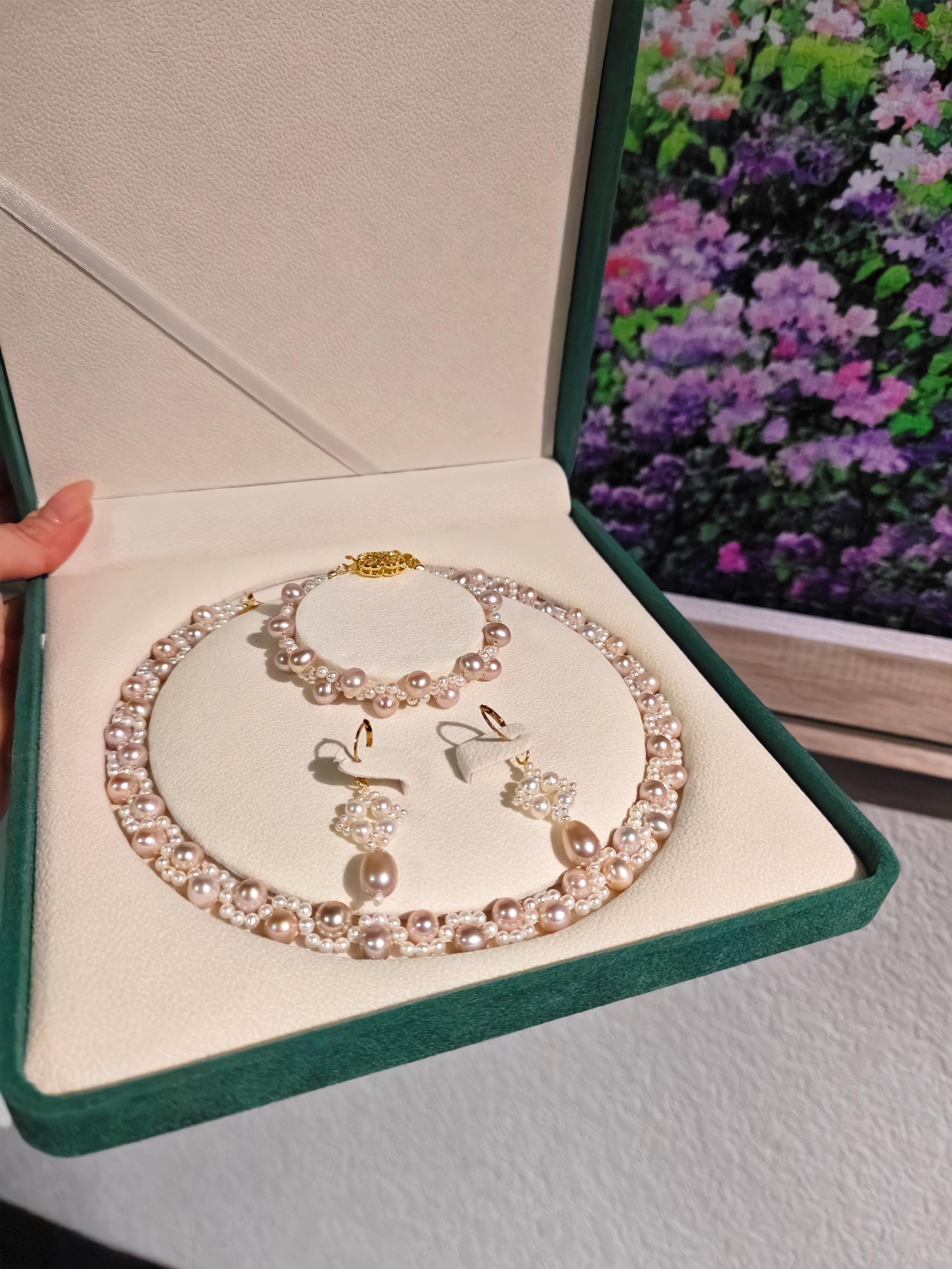Hand Braided Freshwater Pink Pearl Necklace Bracelet Earrings Set ...