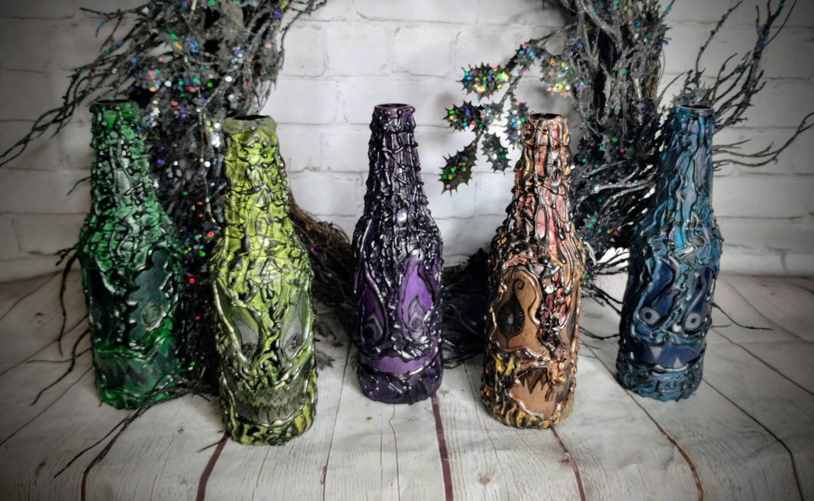 Spooky Bottles Halloween Upcycled Set Freehand Monster Faces Display ...