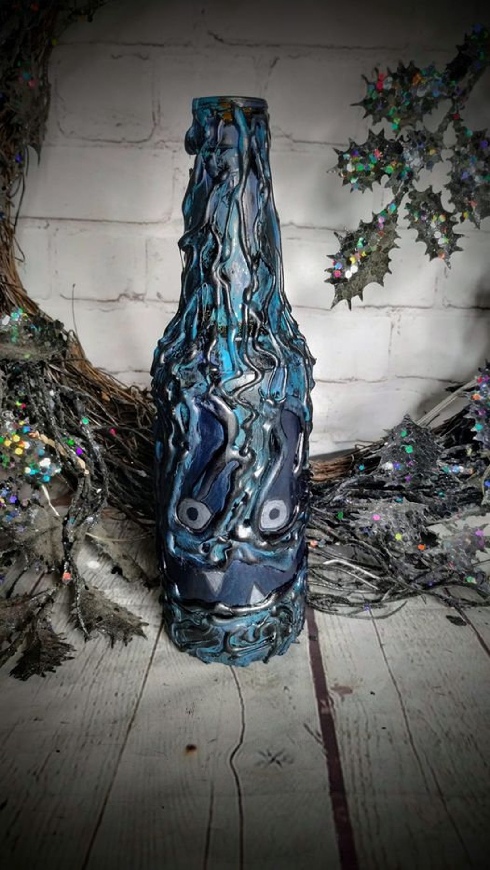 Spooky Bottles Halloween Upcycled Set Freehand Monster Faces Display ...