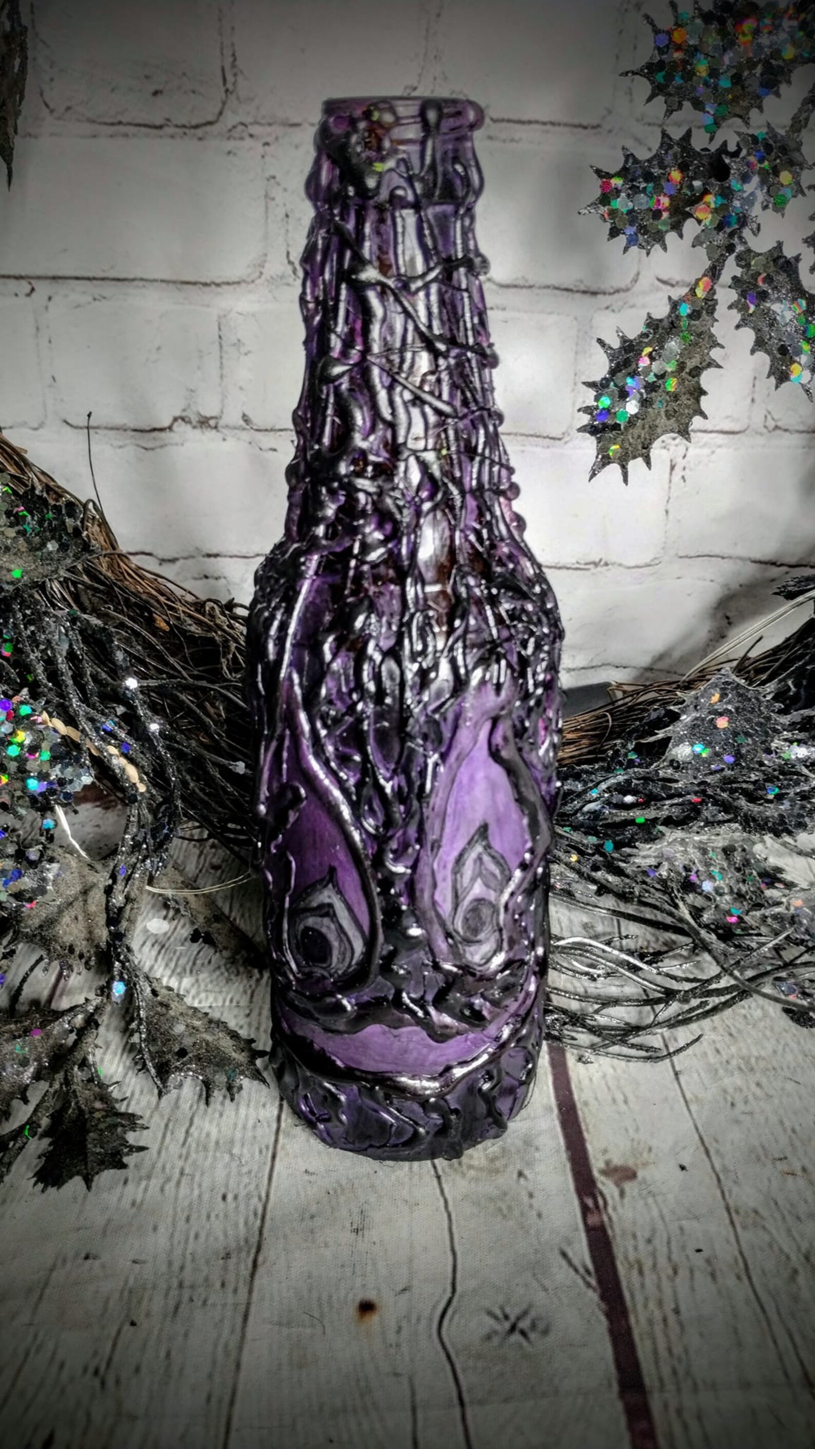 Spooky Bottles Halloween Upcycled Set Freehand Monster Faces Display ...