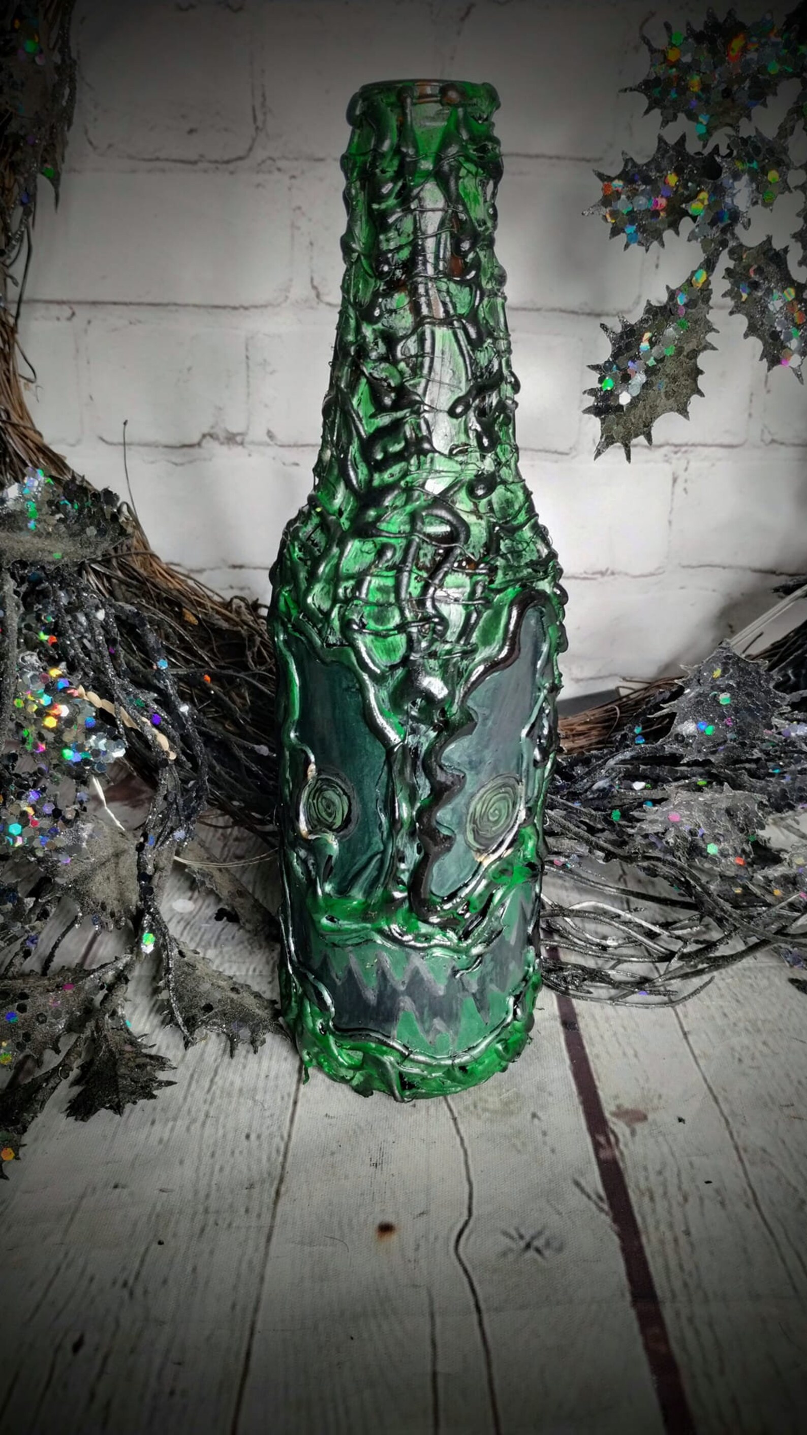 Spooky Bottles Halloween Upcycled Set Freehand Monster Faces Display ...