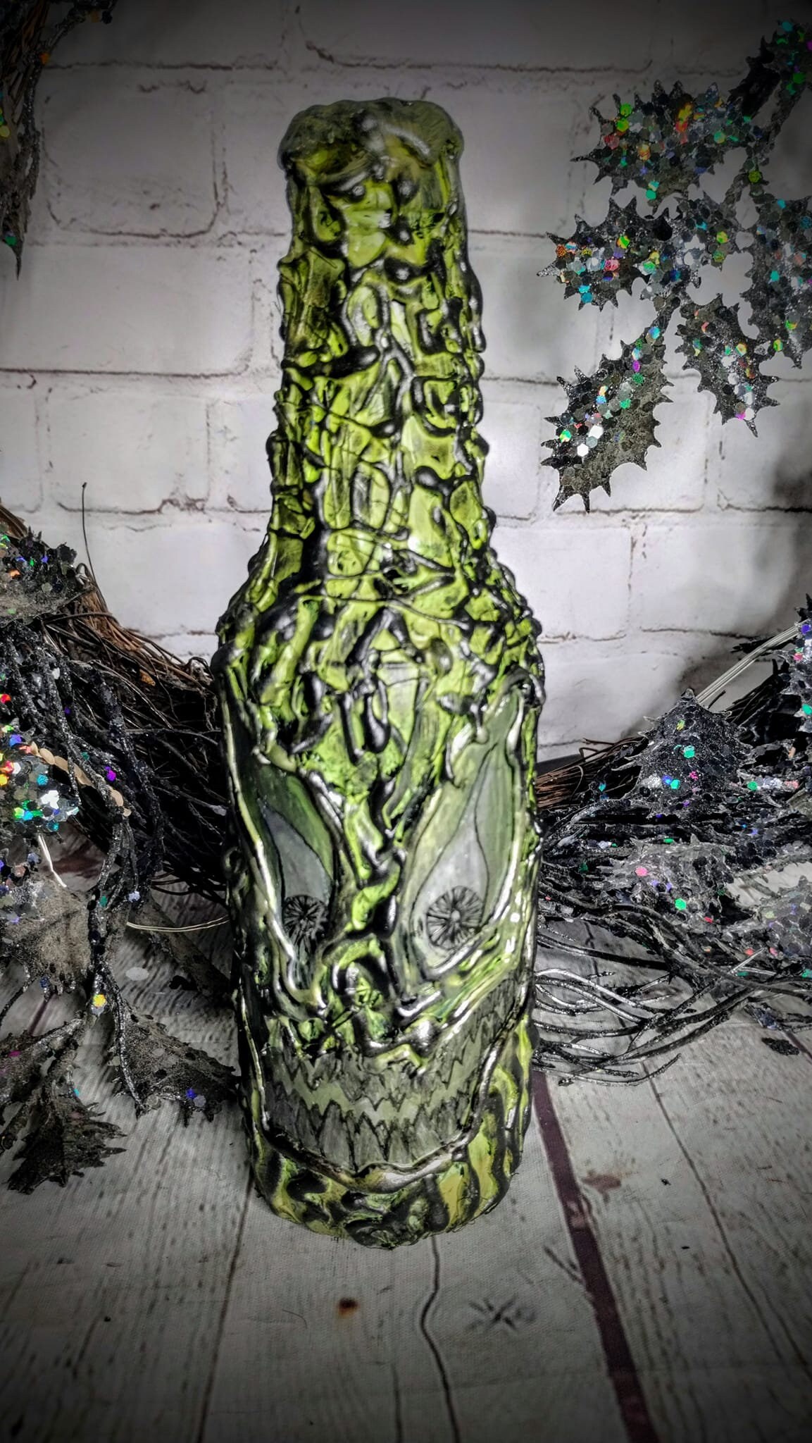 Spooky Bottles Halloween Upcycled Set Freehand Monster Faces Display ...