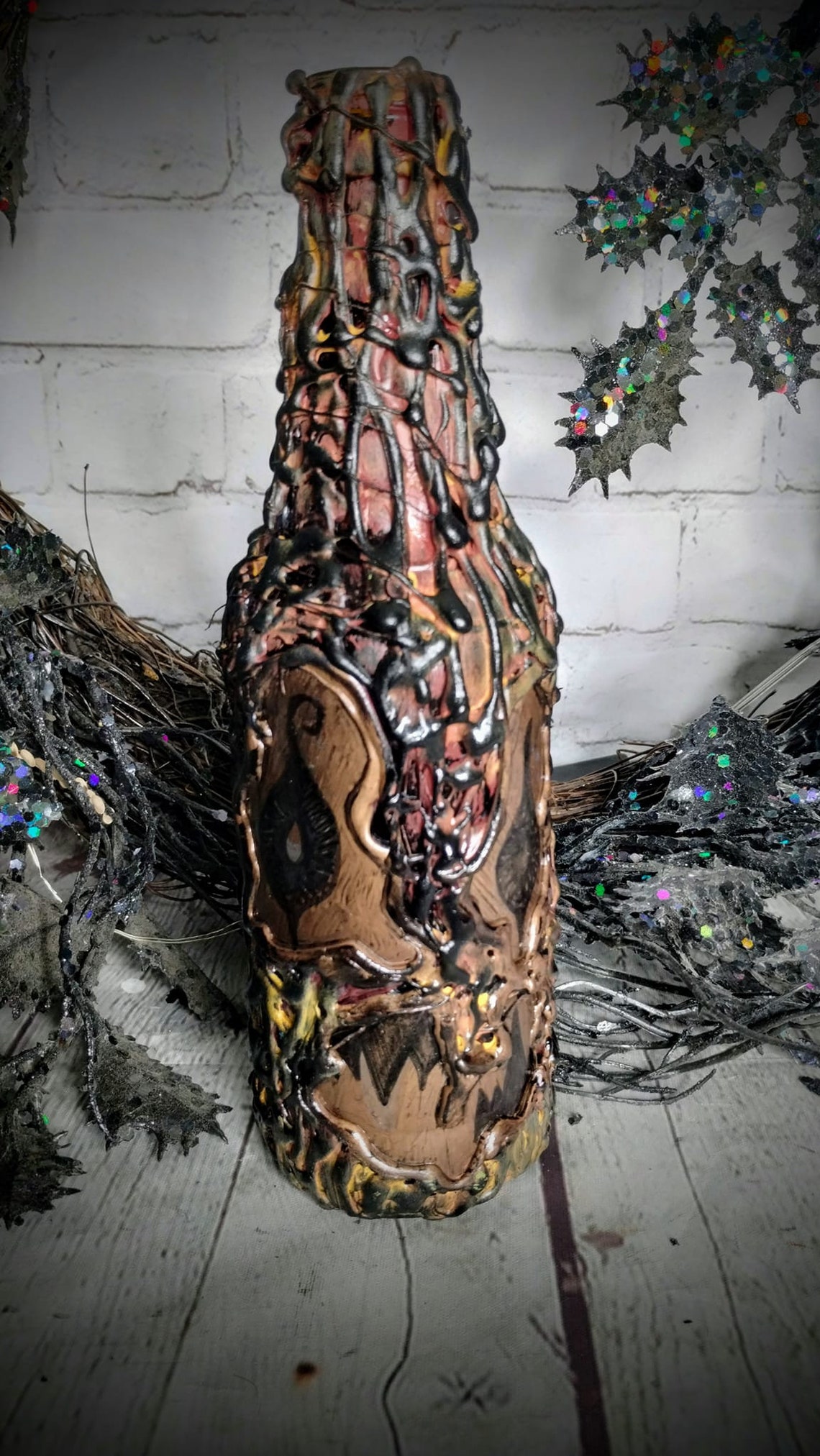 Spooky Bottles Halloween Upcycled Set Freehand Monster Faces Display ...